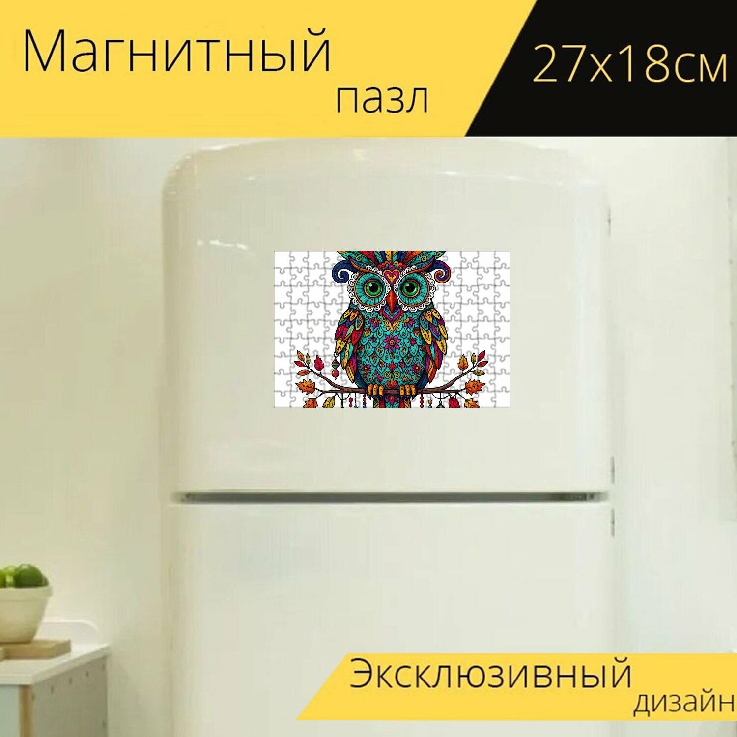 Магнитный пазл "Яркая сова с перьями. Красочная мудрая птица в этническом стиле с большими глазами, пестрыми перьями и декоративными ветвями. Яркие." на холодильник 27 x 18 см.
