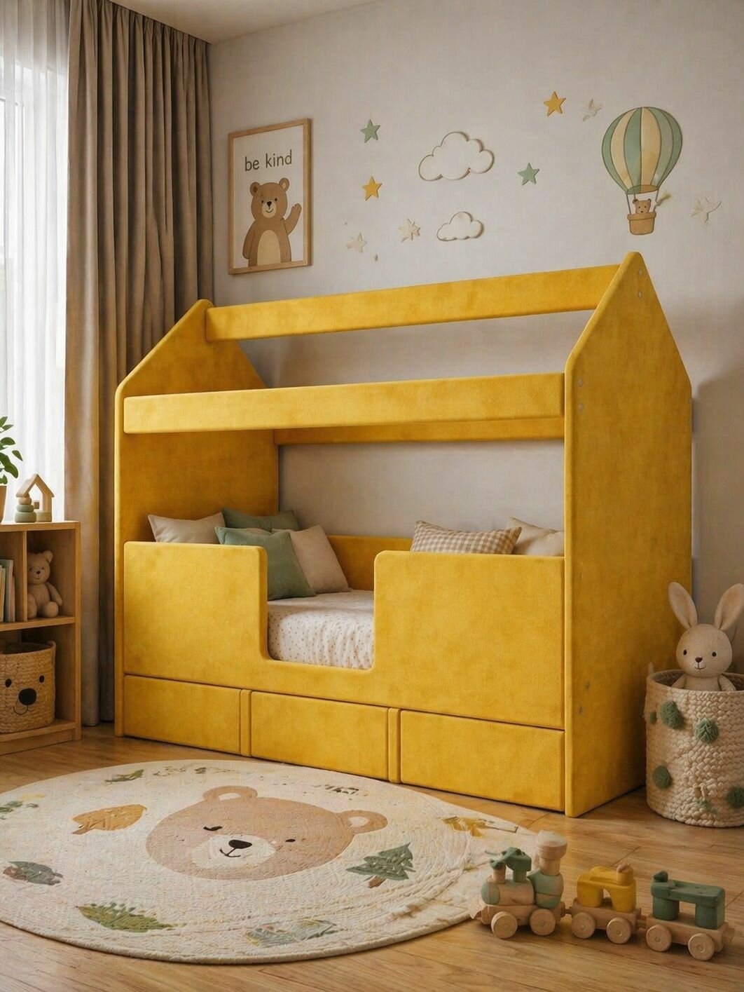 Кровать детская с ящиком 160x80 "Мягкий Домик", цвет желтый