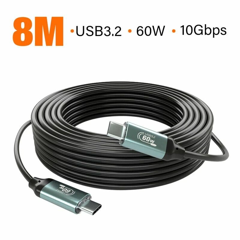 USB3.2 Type-c оптический кабель 8 волокон Кабель для передачи данных высокоскоростной 10 Гбит/с, быстрая зарядка 60 Вт, длина 5 м/8 м, совместим с VR-камерами/датчиками глубины.