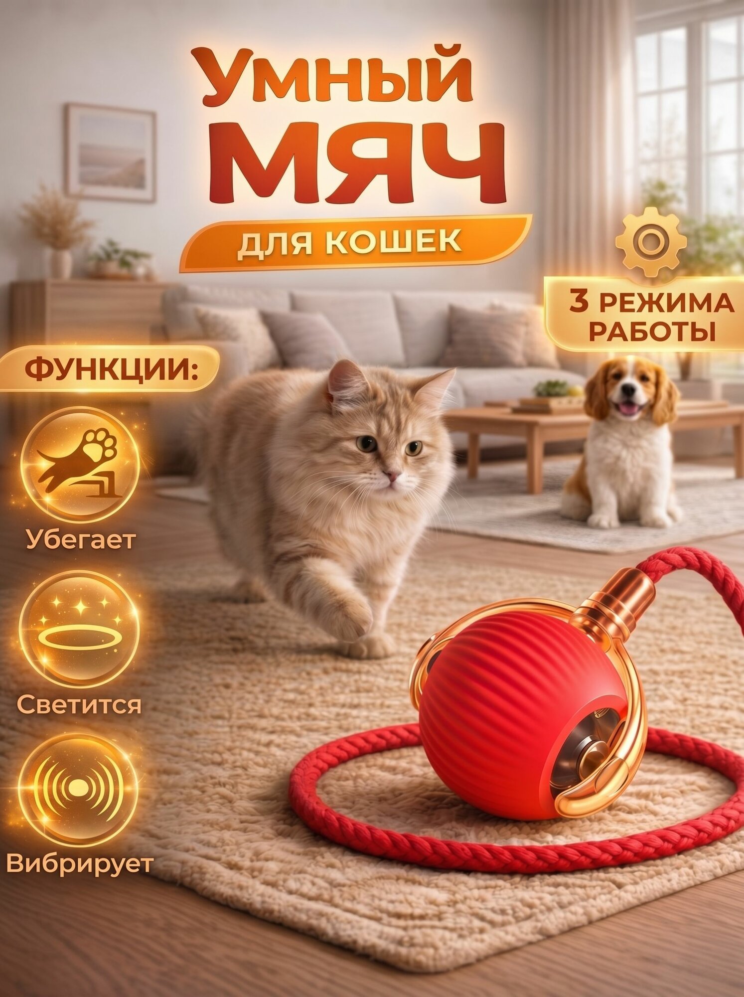 Игрушка для кошек интерактивный умный мяч 3 режима, зарядка в комплекте