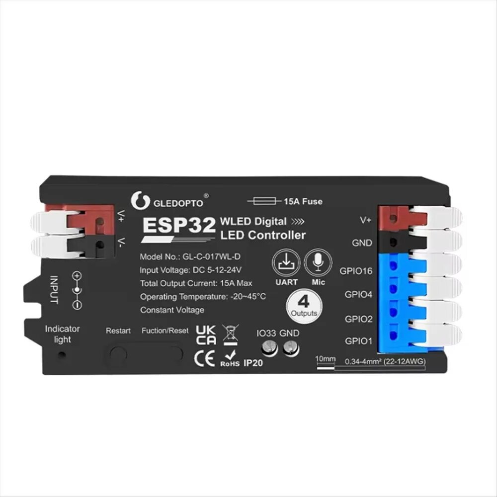 ESP32 WLED Контроллер С 4 Выходами Предохранитель Микрофон Подсветка Черный