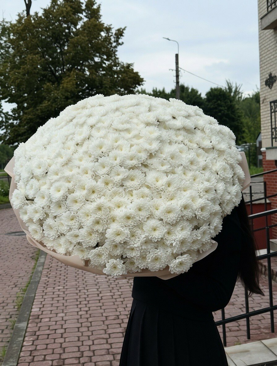Букет из белых кустовых хризантем 75 шт, шикарный, премиум цветы