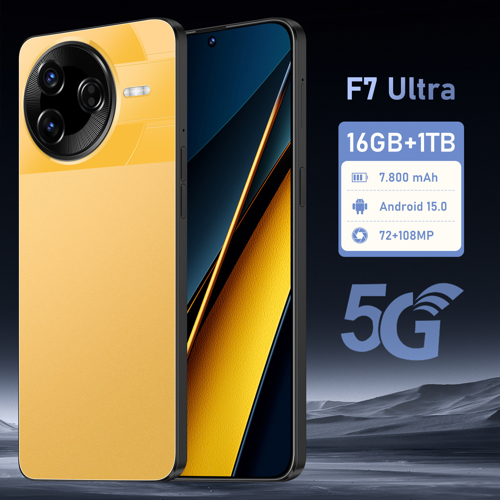 Жёлтый 5G смартфон F7 Ultra, 7.3 дюйма, 16 ГБ + 1 ТБ, Android 15, высокое разрешение