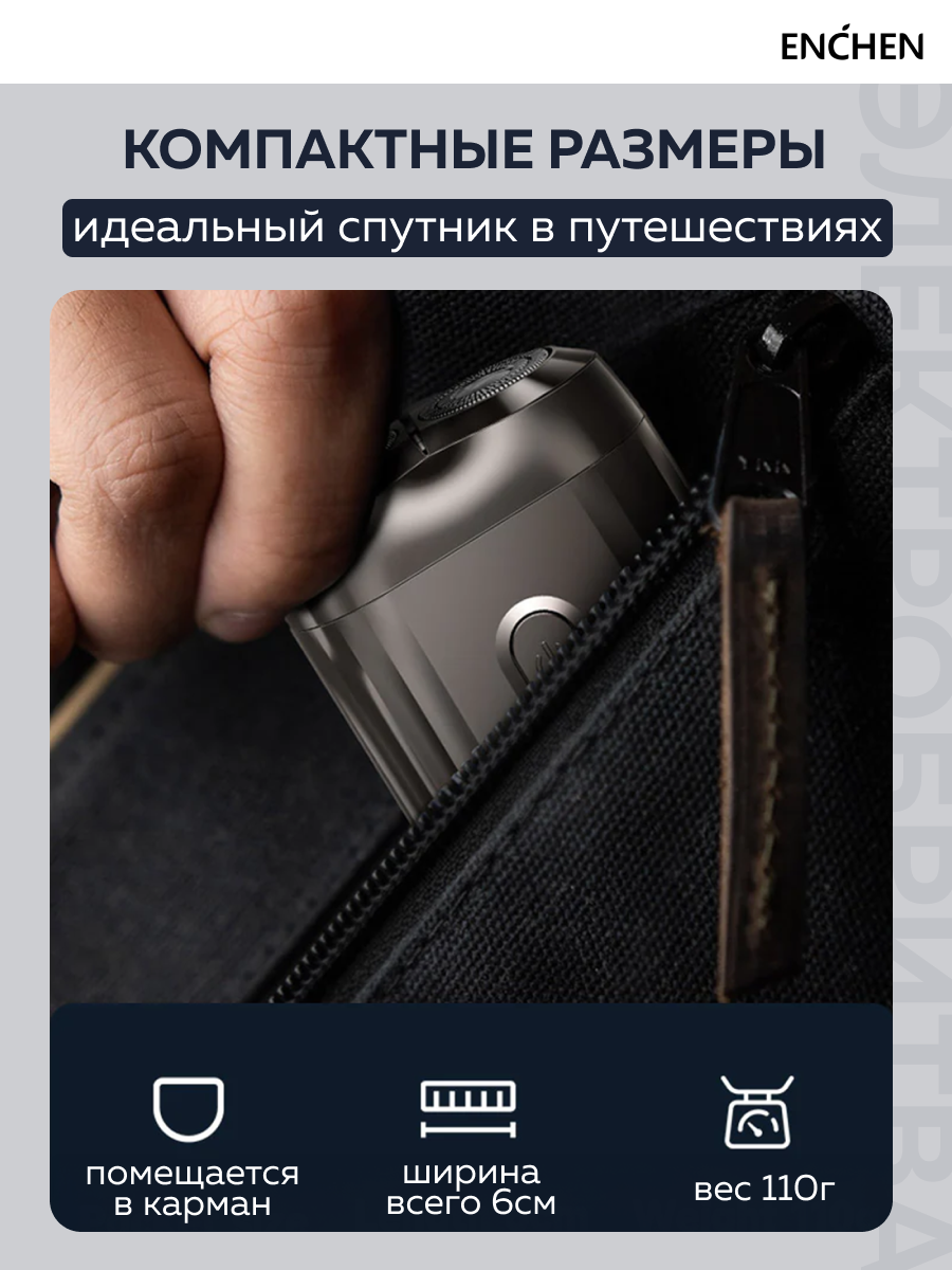 Электробритва Enchen Mini 6, роторная, водонепроницаемая, Li-Ion аккумулятор, серая — фото 1