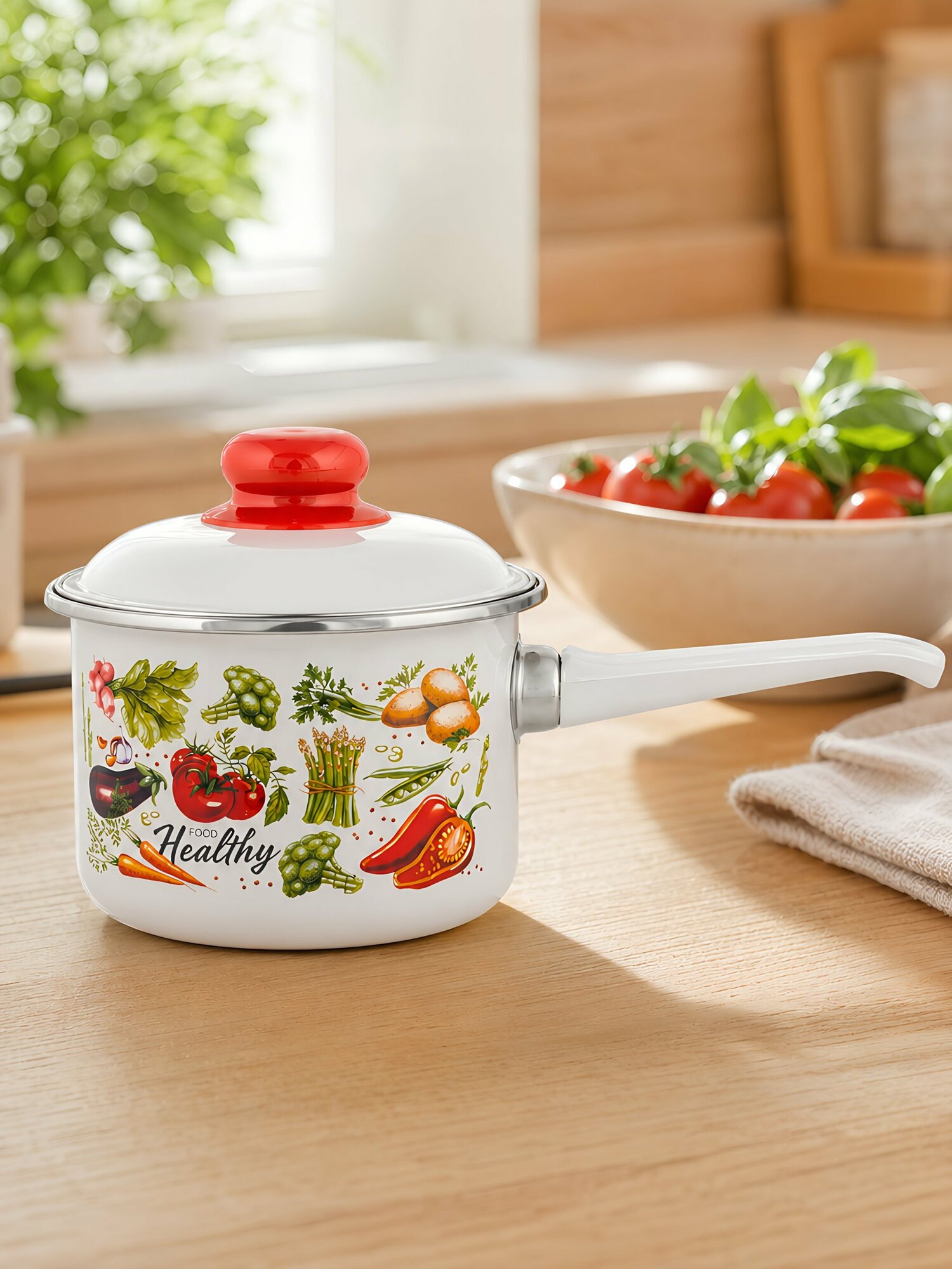 Эмалированный ковш Appetite Veggies 1.5л с крышкой, сталь, для индукции и всех видов плит, диаметр 16см, модель 1RD144M