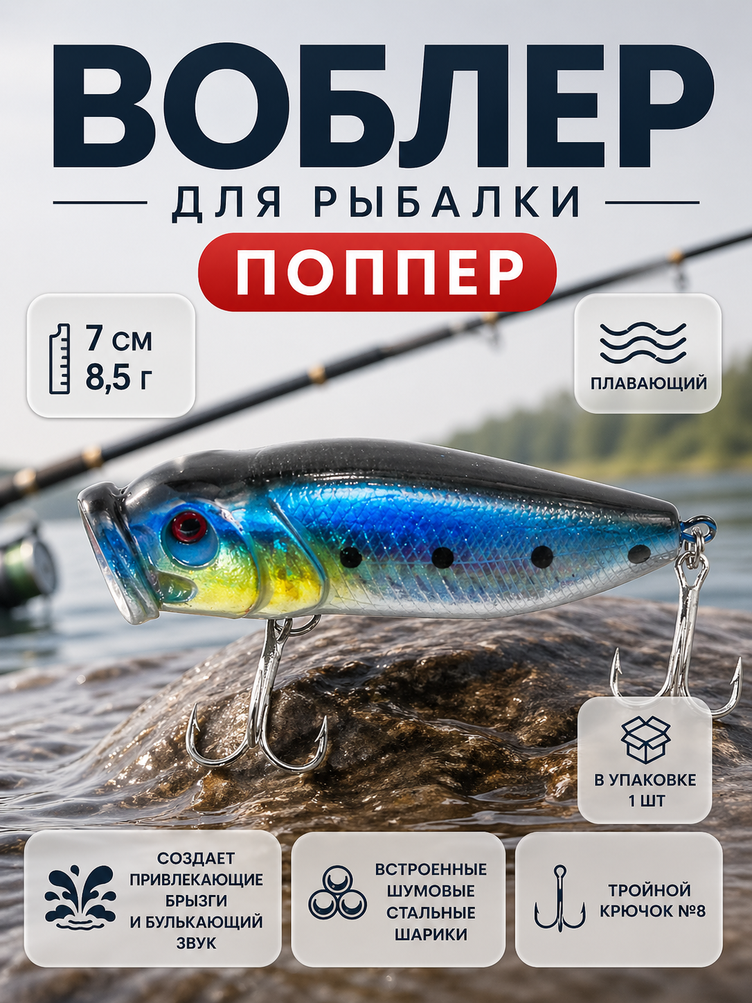 Воблер поппер, плавающая поверхностная приманка, для пресноводной и морской рыбалки 7 см/8,5 г, черно-голубая
