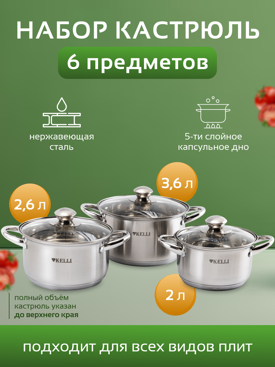 Набор кастрюль KELLI, нержавеющая сталь, капсульное дно, 2/2.6/3.6 л 3 шт
