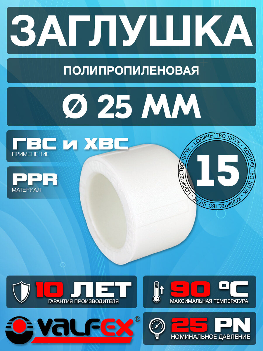 Заглушка полипропиленовая Valflex для труб диаметром 25 мм. (15 шт)