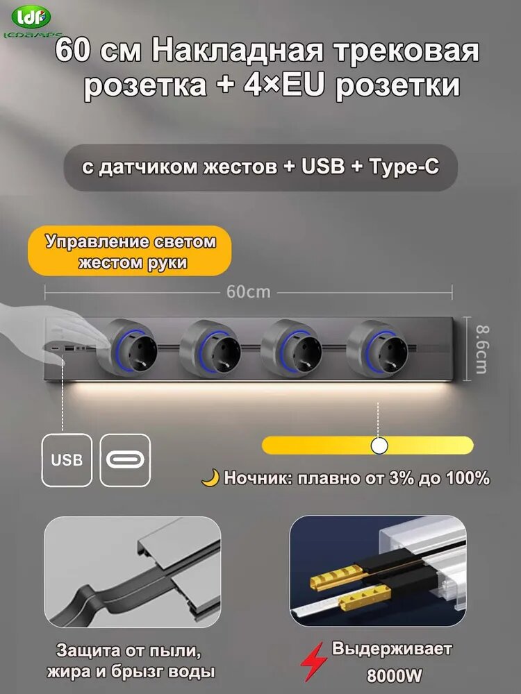 Новинка! Трековая розетка 60 см с датчиком движения руки и LED-подсветкой + 4 евророзетки