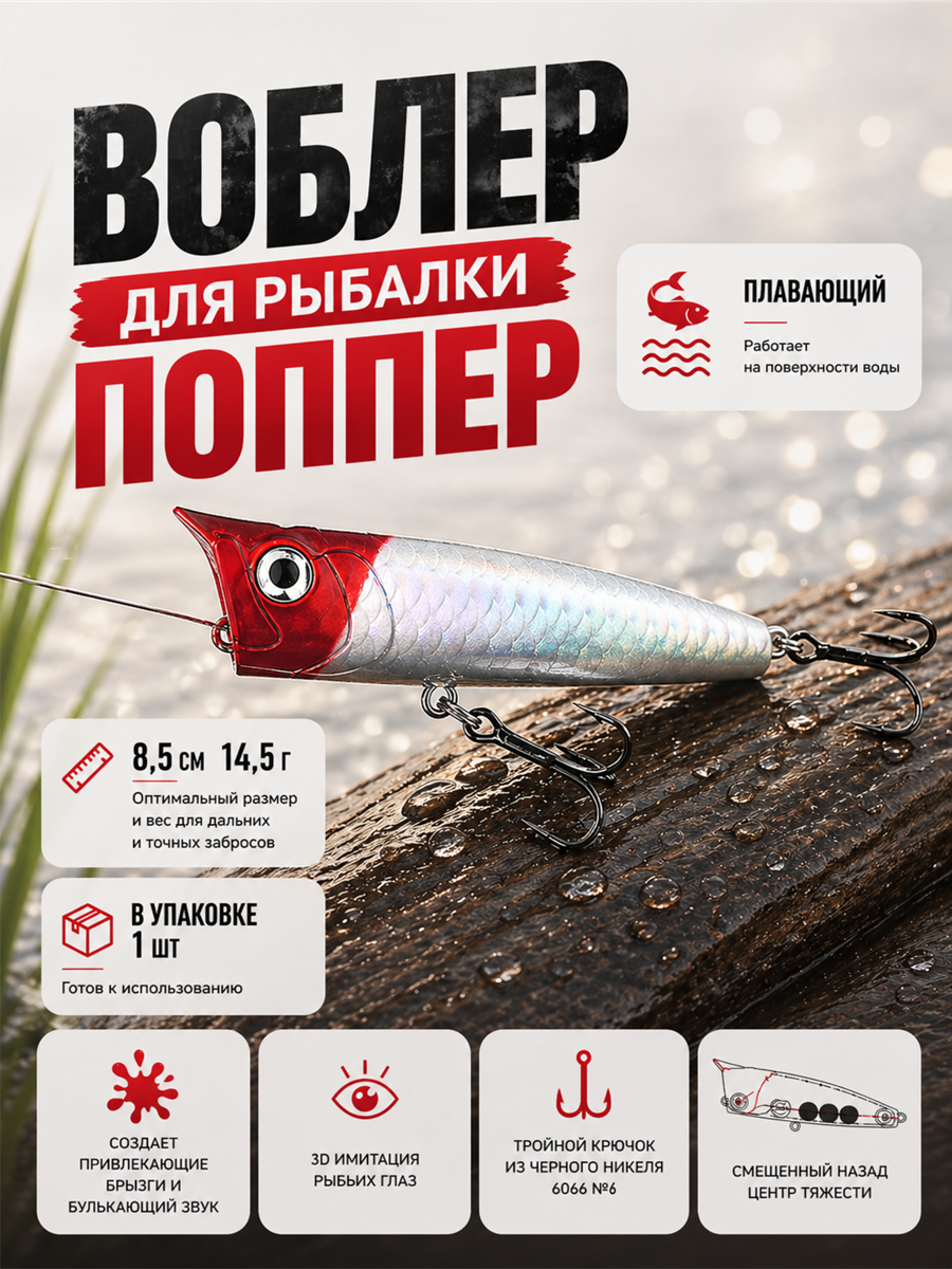 Воблер Jet Splashing Popper для рыбалки, с тройным крючком, имитация рыбной чешуи 8,5 см/14,5 г, красно-серебристый