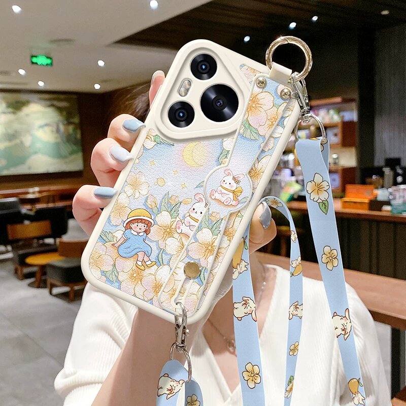 Чехол для Huawei Enjoy 70Z с браслетом и лямкой, белый - дизайн лилии и кролика