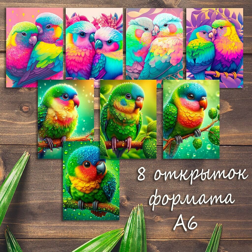 Большой набор открыток Попугаи, 8 штук