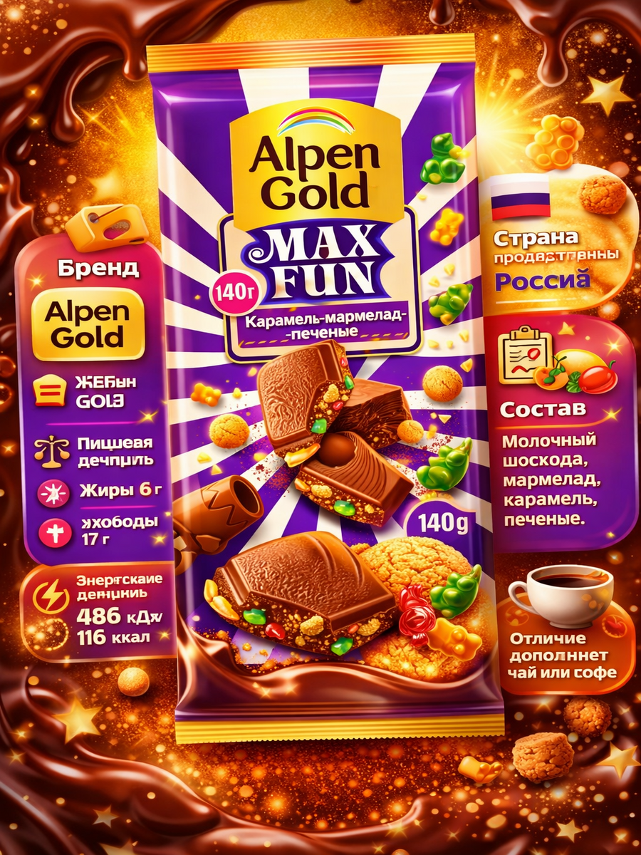 Шоколад Alpen Gold Max Fun Карамель-мармелад-печенье молочный, 140г