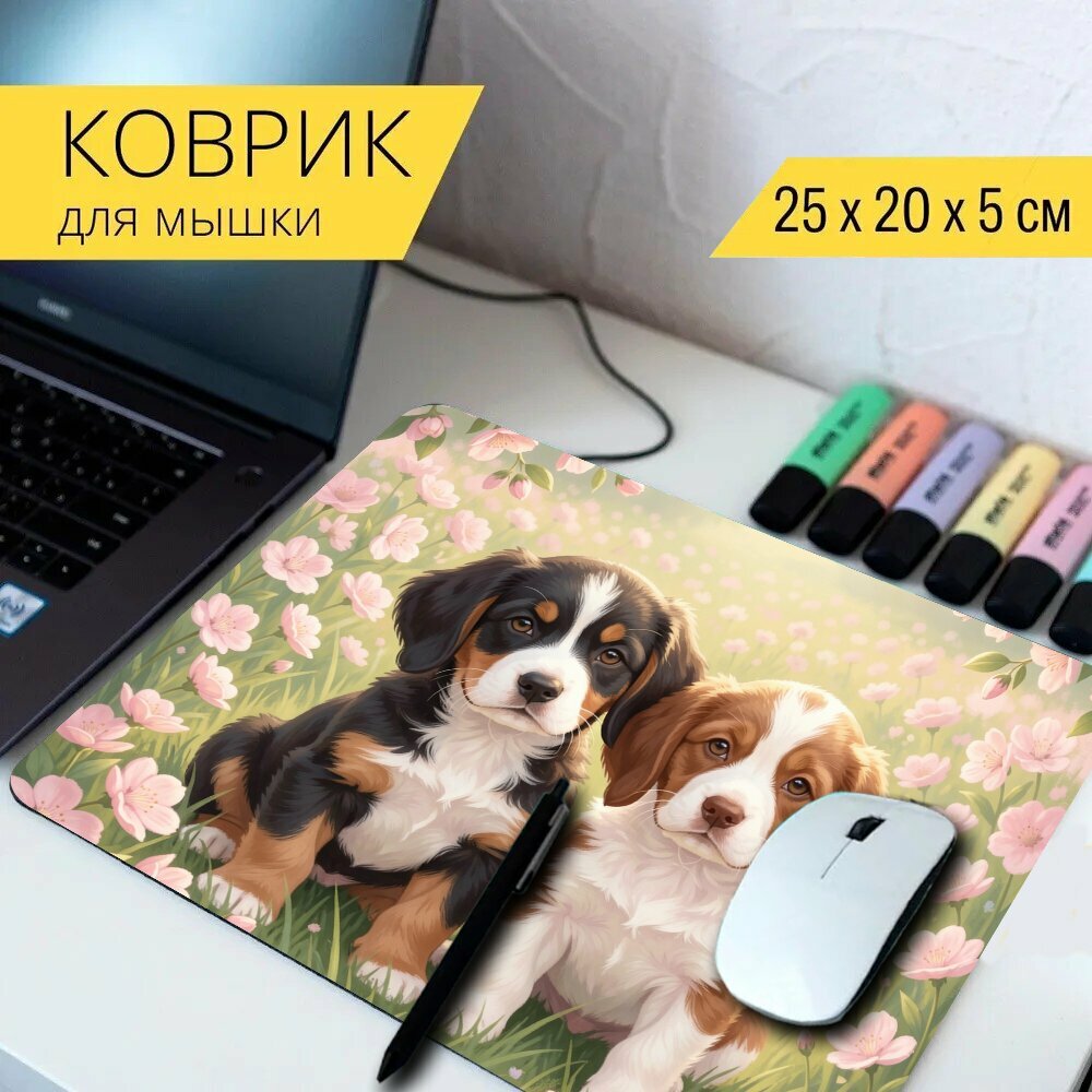 Коврик для мыши с принтом "Два щенка среди цветущего сада. Милые щенки спаниеля в нежном весеннем поле с розовыми цветами, мягкая пастельная палитра, светлое солнечное." 25x20см.