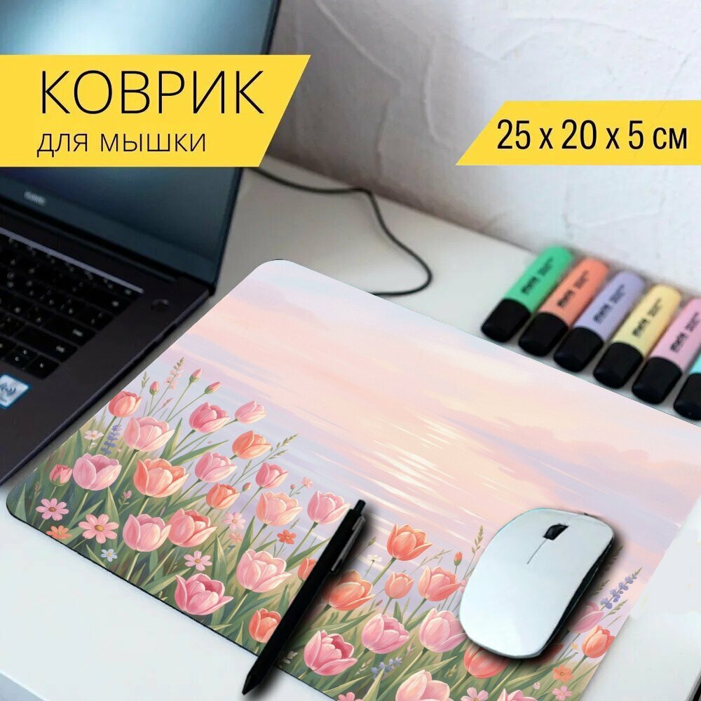 Коврик для мыши с принтом "Тюльпаны у спокойной воды. Нежная весенняя композиция с розовыми и коралловыми бутонами, полевыми цветами и отражением закатного неба в гладкой." 25x20см.