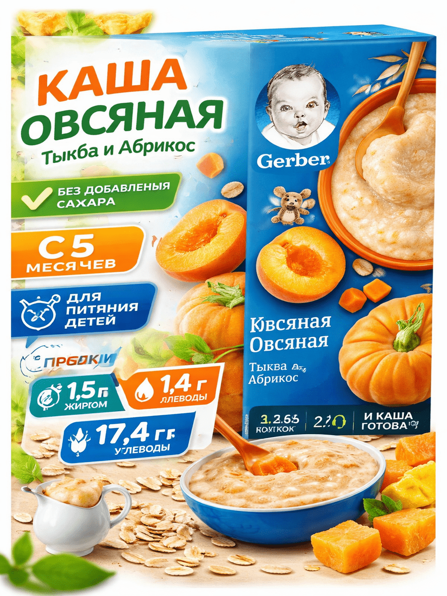 Каша безмолочная детская Gerber Овсяная Тыква и абрикос с 5 месяцев, 180г