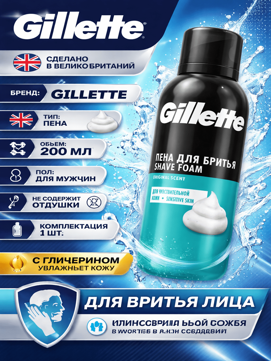 Пена для бритья Gillette Для чувствительной кожи, 200мл