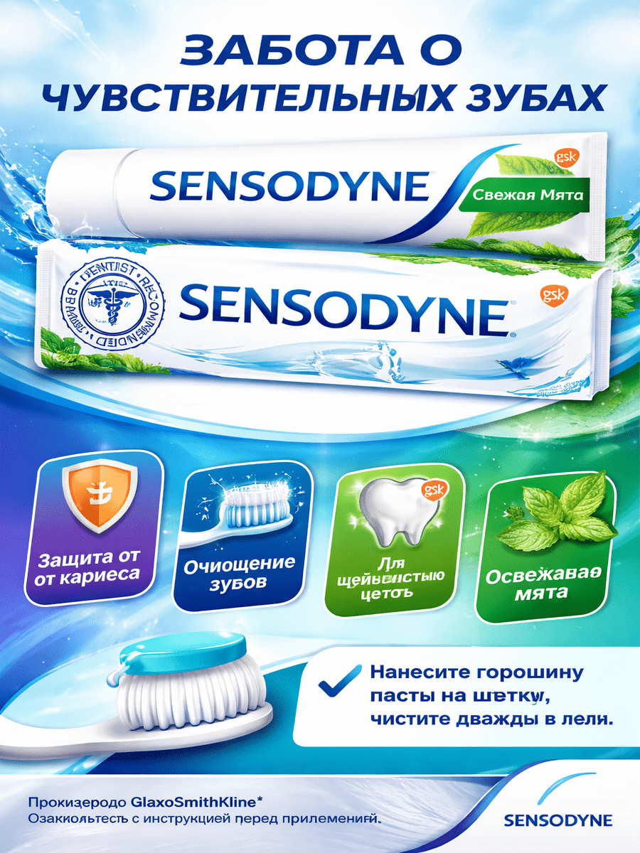 Зубная паста Sensodyne защита от кариеса для чувствительных зубов свежая мята с фтором, 75мл