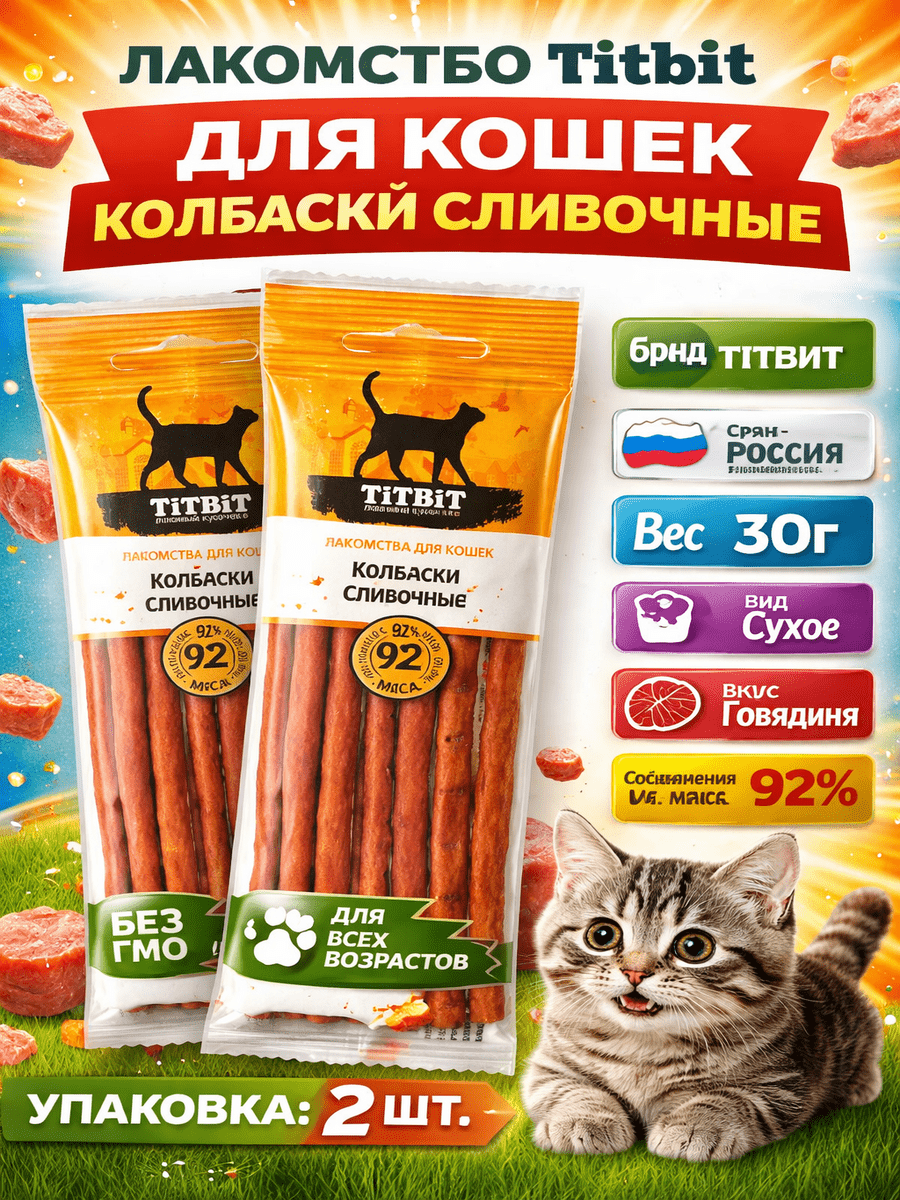 Лакомство Titbit для кошек колбаски сливочные, 30г x 2 упаковки