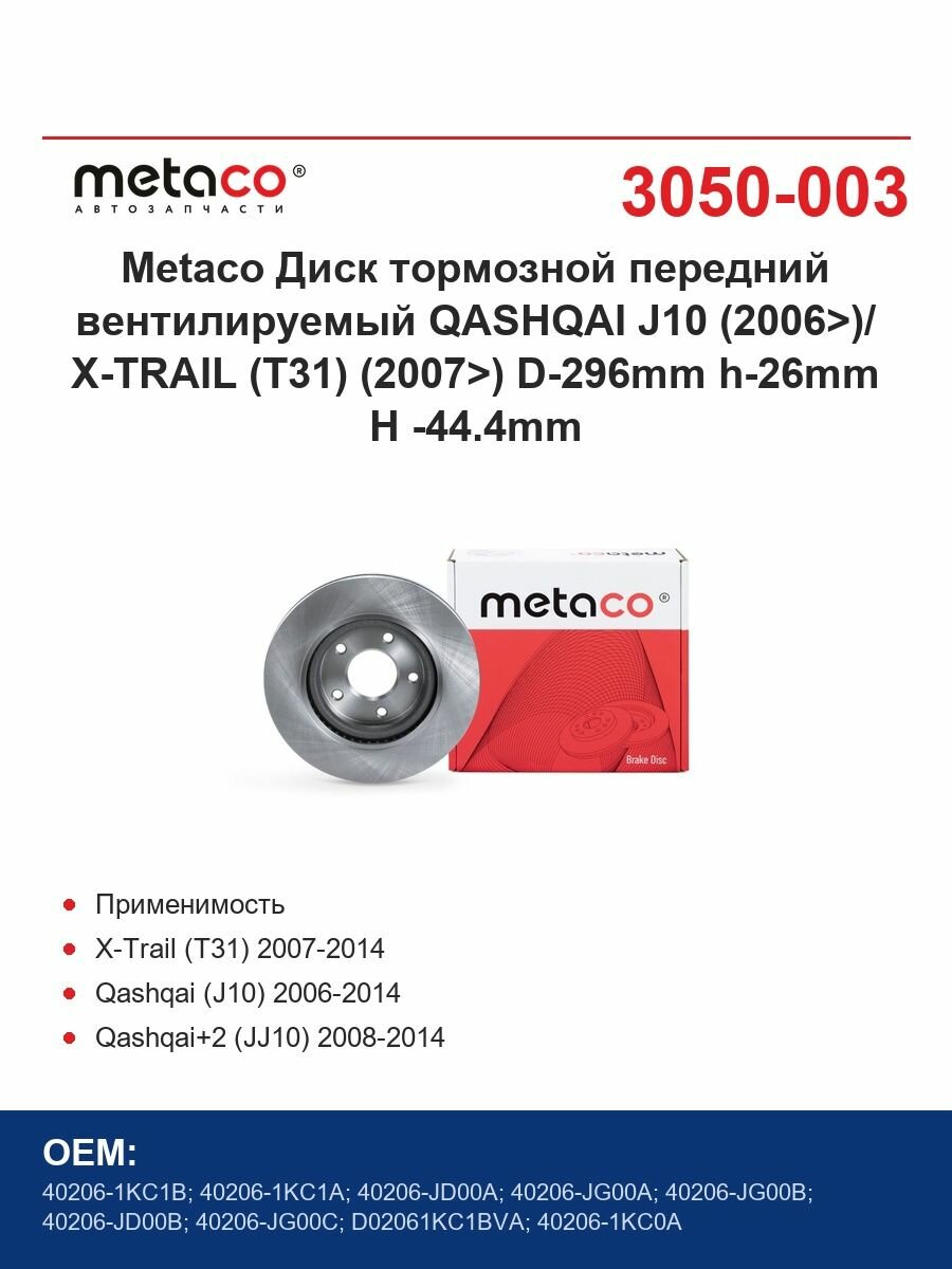 Metaco Диски тормозные передний вентилируемый QASHQAI J10 (2006>)/ X-TRAIL (T31) (2007>) D-296mm h-26mm H -44.4mm
