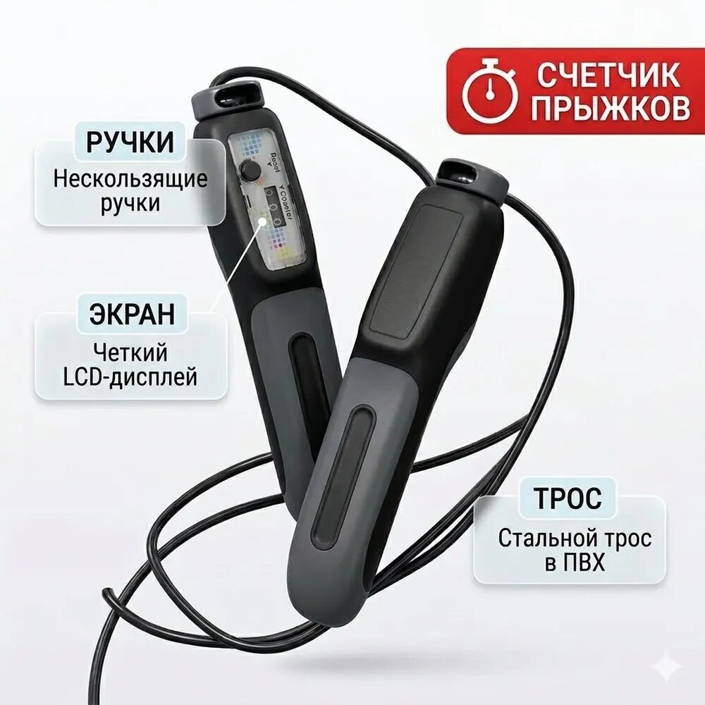 Скоростная скакалка со счетчиком прыжков и бесшумными подшипниками для фитнеса и экзаменов-black