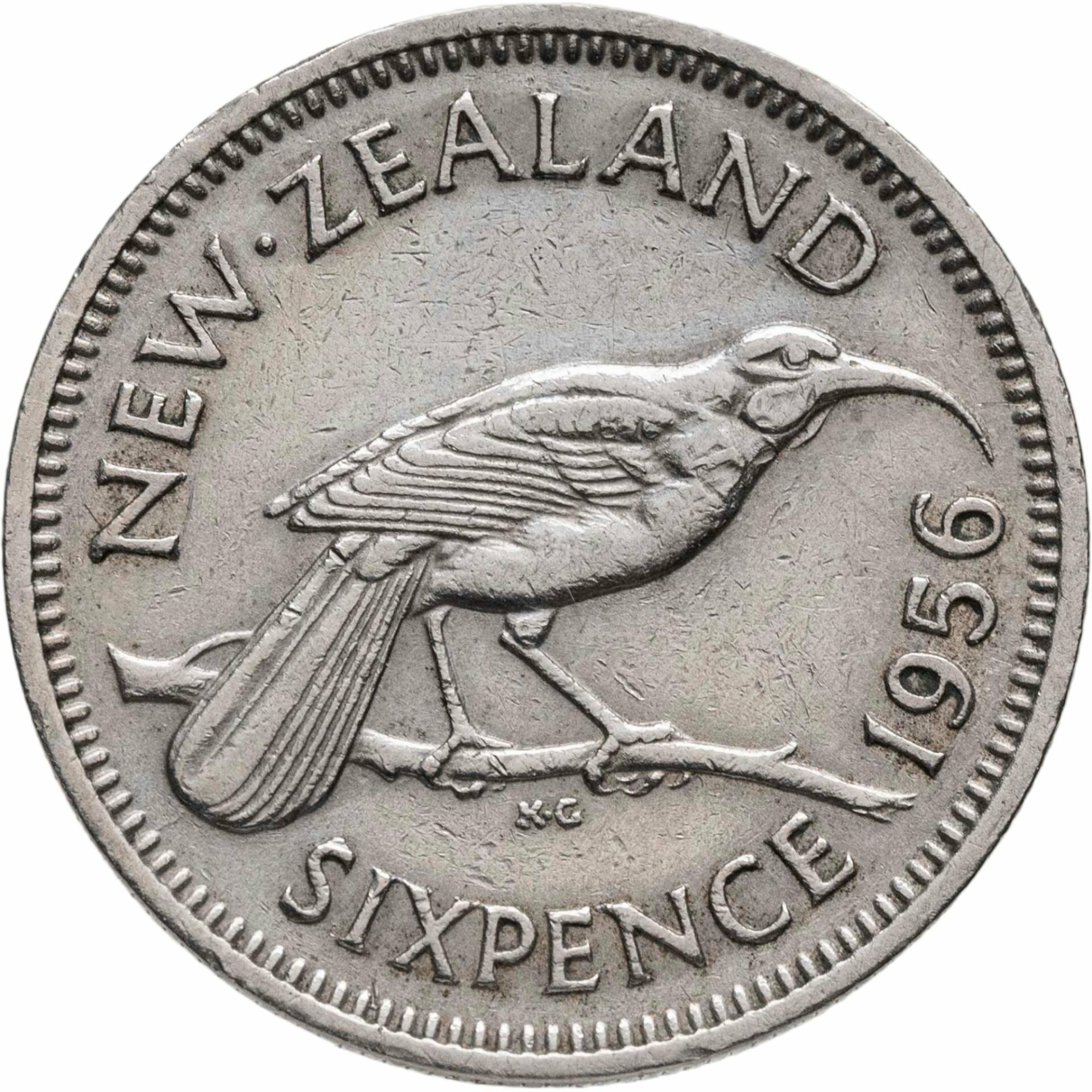Новая Зеландия 6 пенсов pence 1956, Мельхиор медь-никель, в сохранности VF-XF