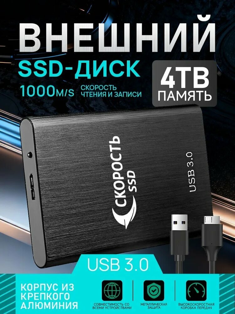 Скорость 4 ТБ Внешний SSD-диск CKOPCTb, USB 3.0, чтение - 1000 Мб/с, запись - 1000 Мб/с, Металл, Силикон, черный, белый