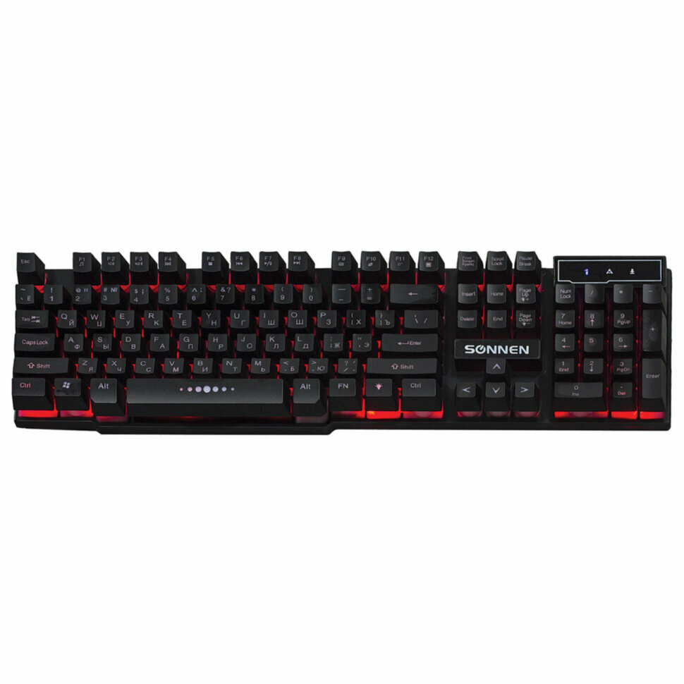 Клавиатура проводная SONNEN KB-7010, USB, 104 клавиши, LED-подсветка, черная, 512653, 512653