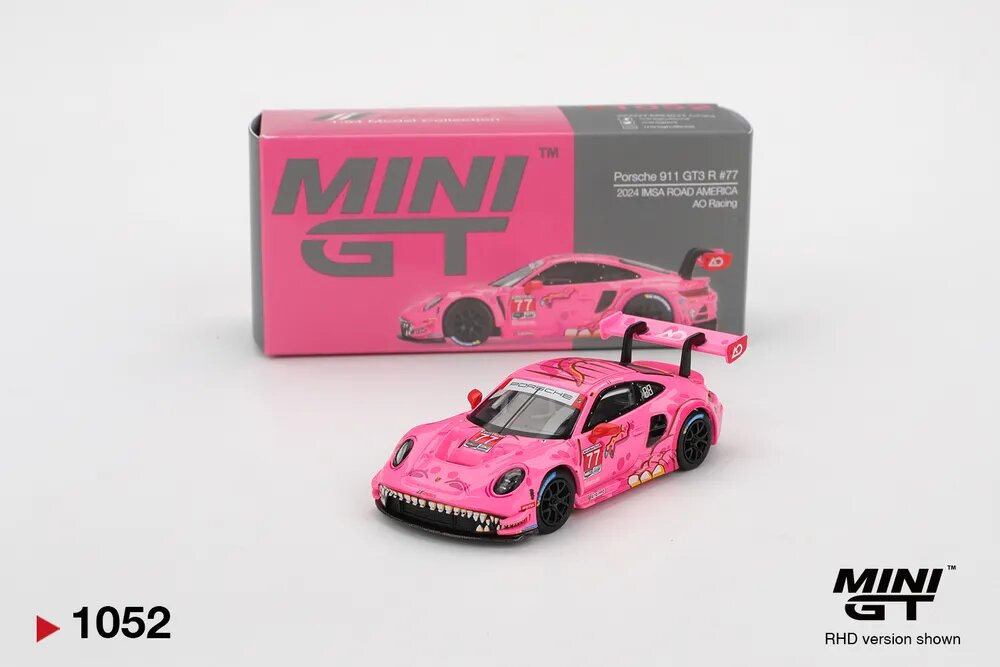 Машинка MINI GT 1:64 #1052 Porsche 911 GT3 R #77 AO Racing 2024 IMSA Road America