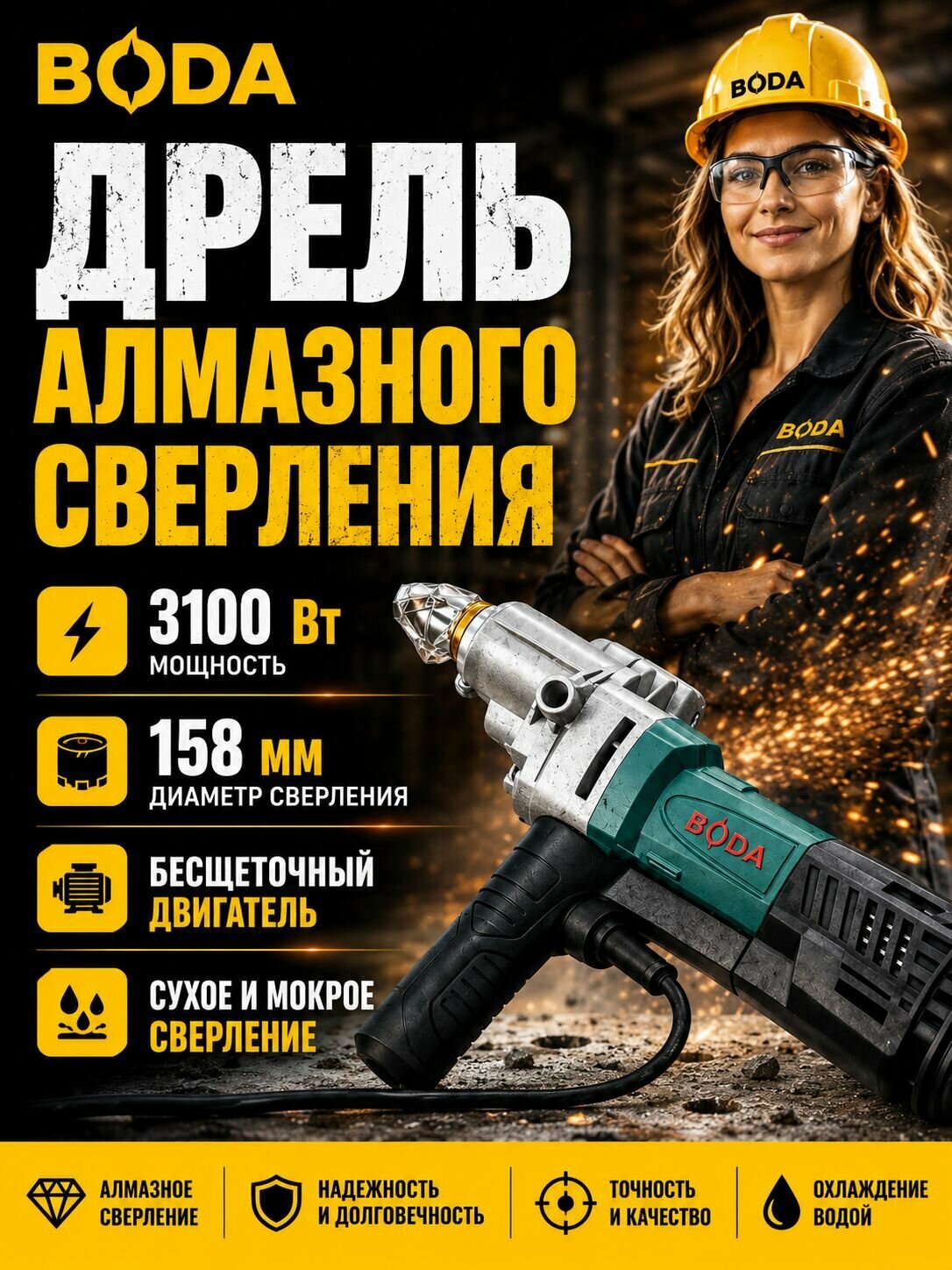 Дрель алмазного сверления BODA BLDW1-158, 3100 Вт, 158 мм, бесщеточная, ручная, для бетона/кирпича, с водяным охлаждением, 220 В