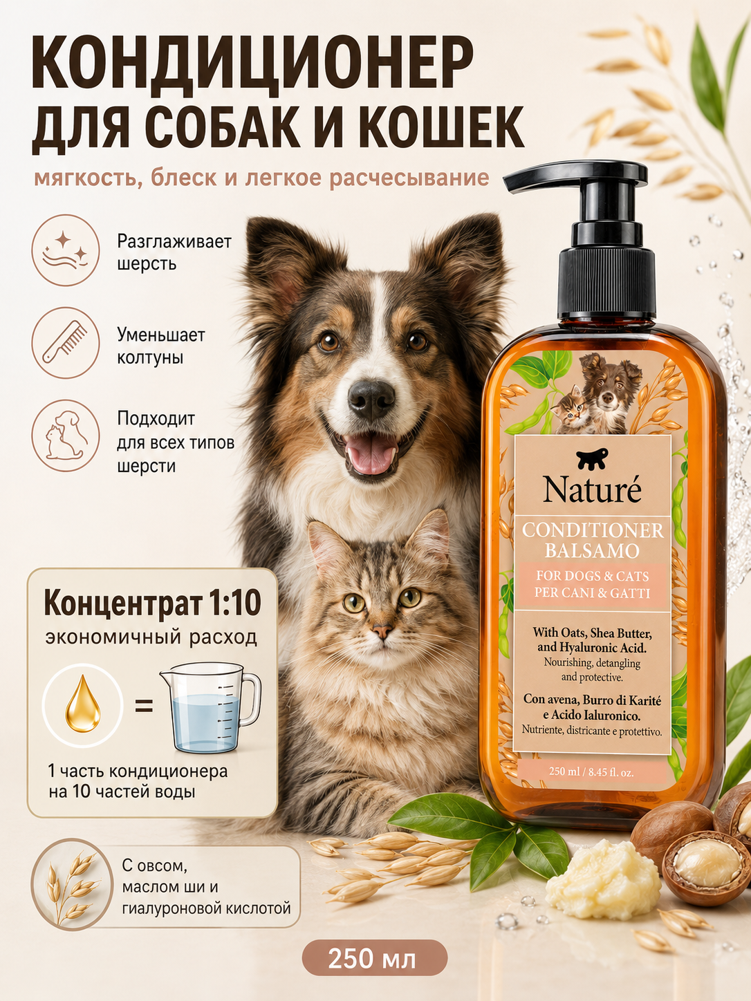Кондиционер-концентрат Ferplast NATURE, для собак и кошек, против колтунов, с овсом 250 мл