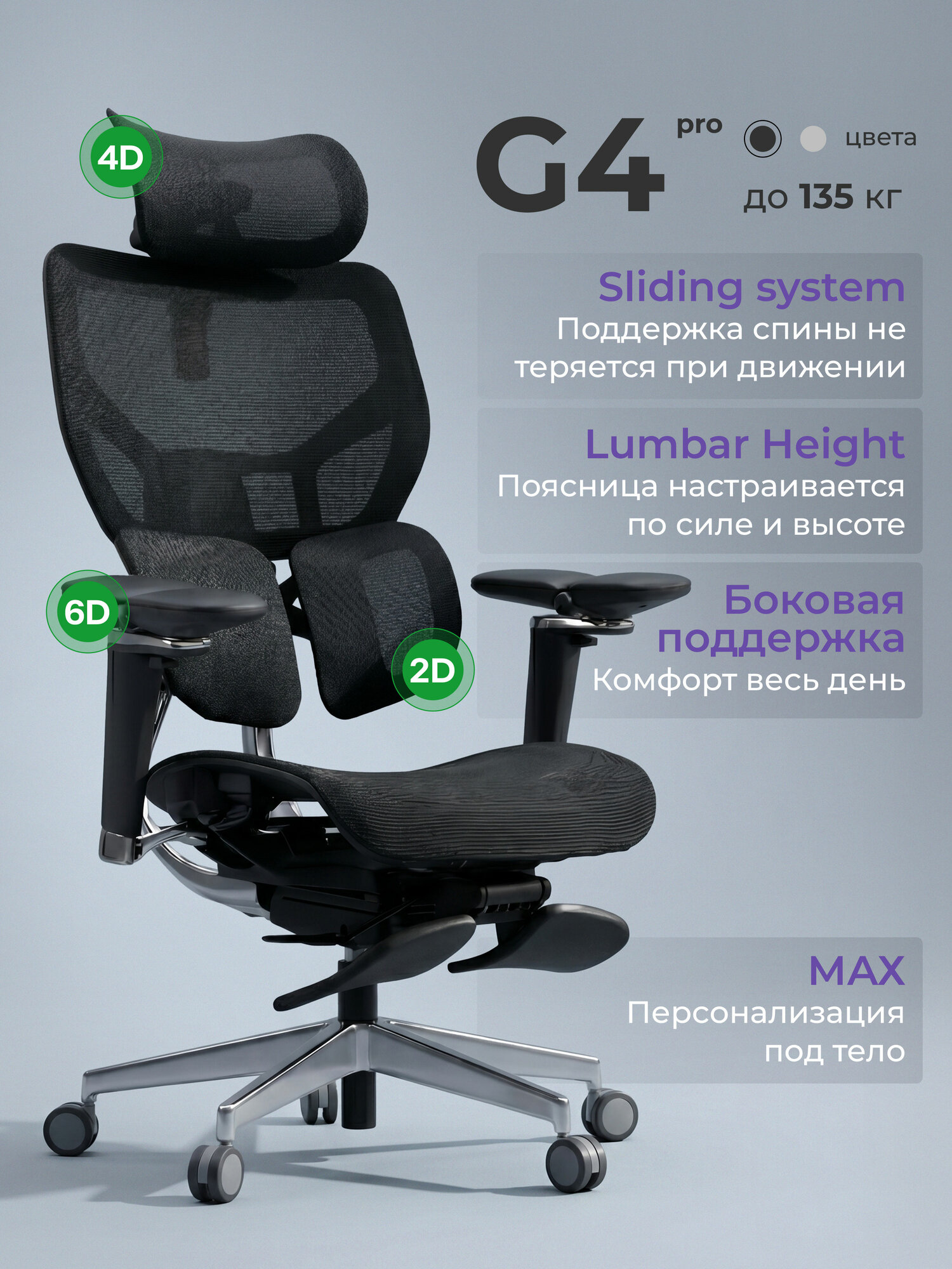 Кресло компьютерное эргономичное ортопедическое для дома и офиса Ergostul G4 Pro Black