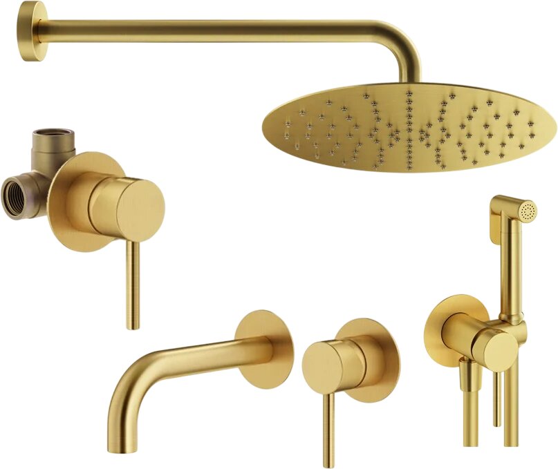 Комплект для ванной Plumberia Selection Ixo KITZXO01OB210 4 в 1, встраиваемый, с внутренней частью в комплекте, со смесителем, с тропическим душем, латунный, золотой, душевая система
