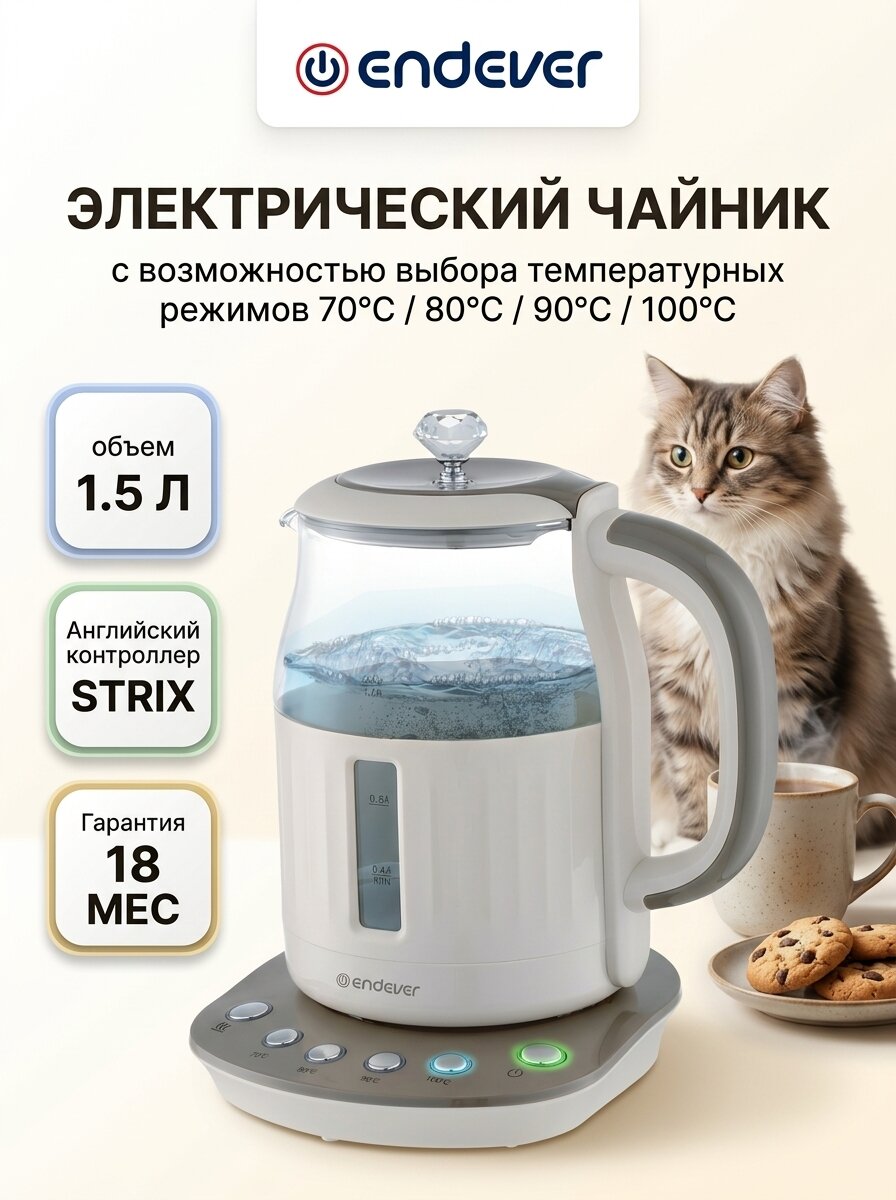 Чайник электрический стеклянный Endever KR-365G / 1,5л / 2200 Вт