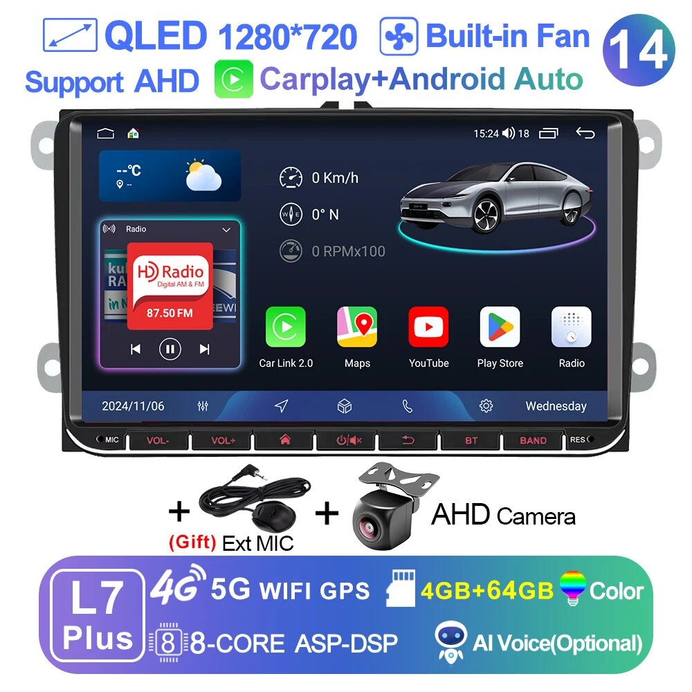 Автомагнитола Android 14 L7 Plus(4-64GB)CAM для VW Passat B6 B7