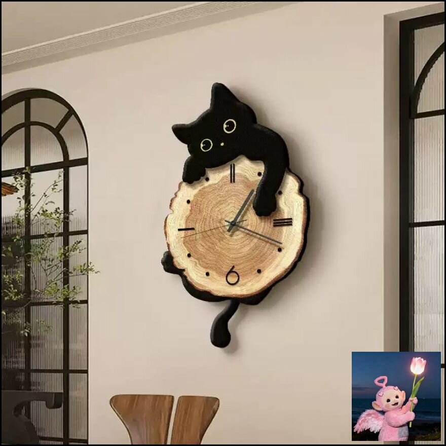 Настенные часы CAT с изображением кота, кварцевые, прямоугольные, деревянный корпус, 50×28 см