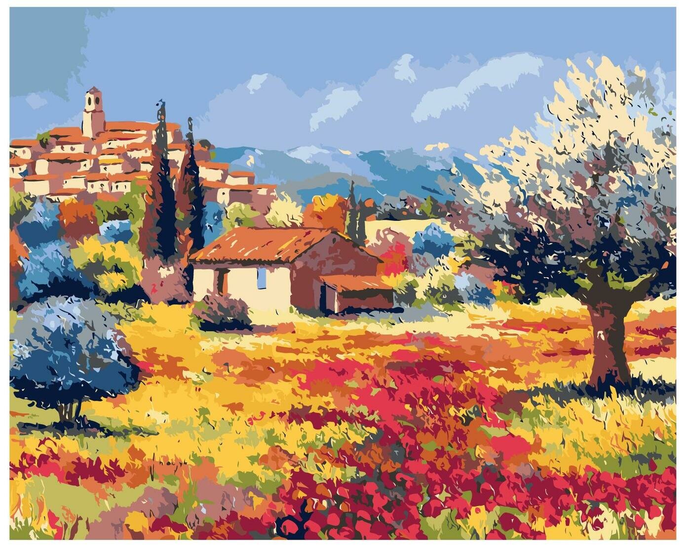 Картина по номерам, 40 x 50, FR08, пейзаж, здания, город, деревья, горы