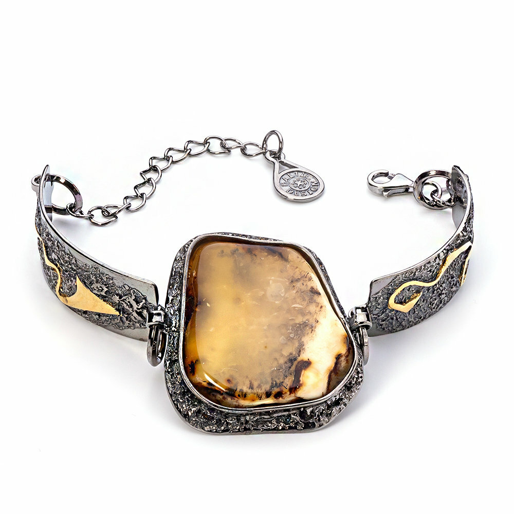 Жесткий браслет, серебро, 925 проба, янтарь