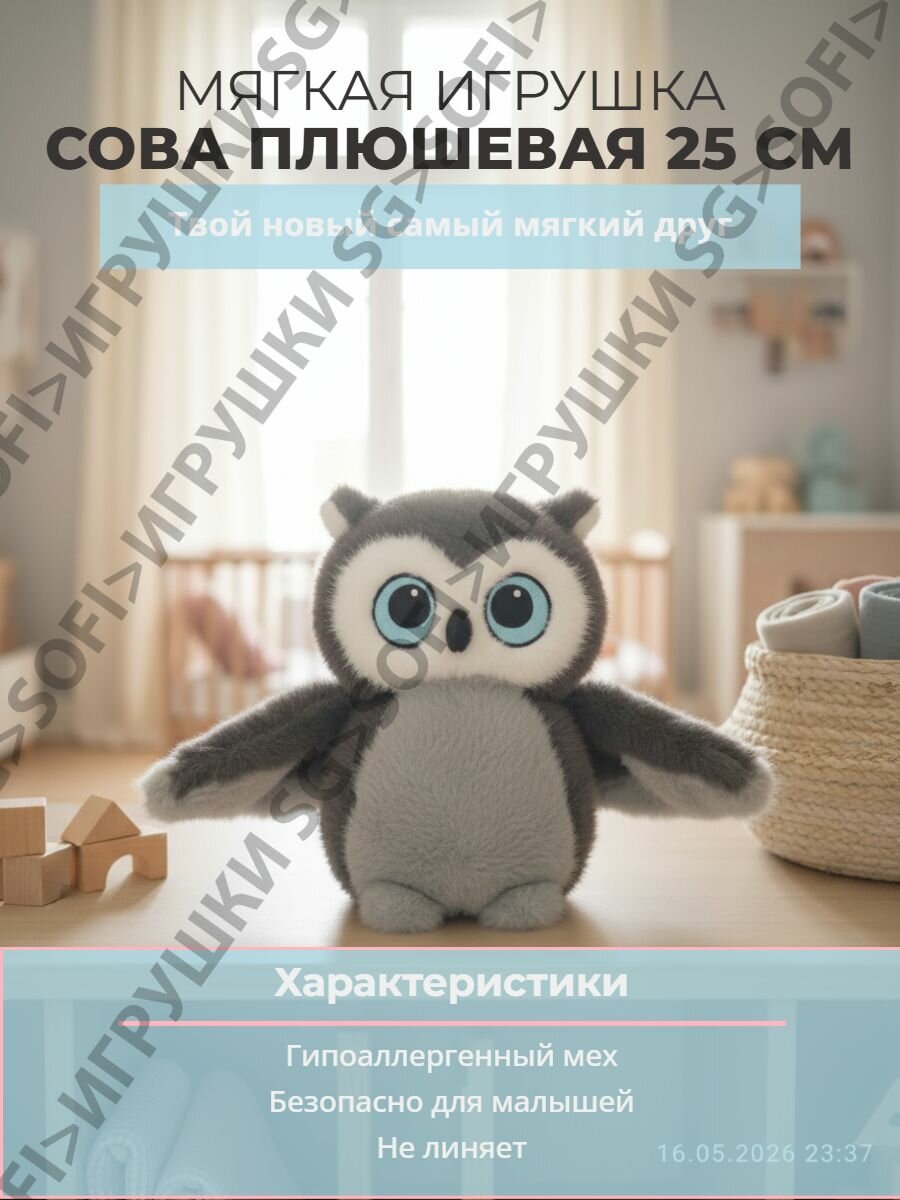 Мягкая игрушка Сова25 см. с большими голубыми глазами.