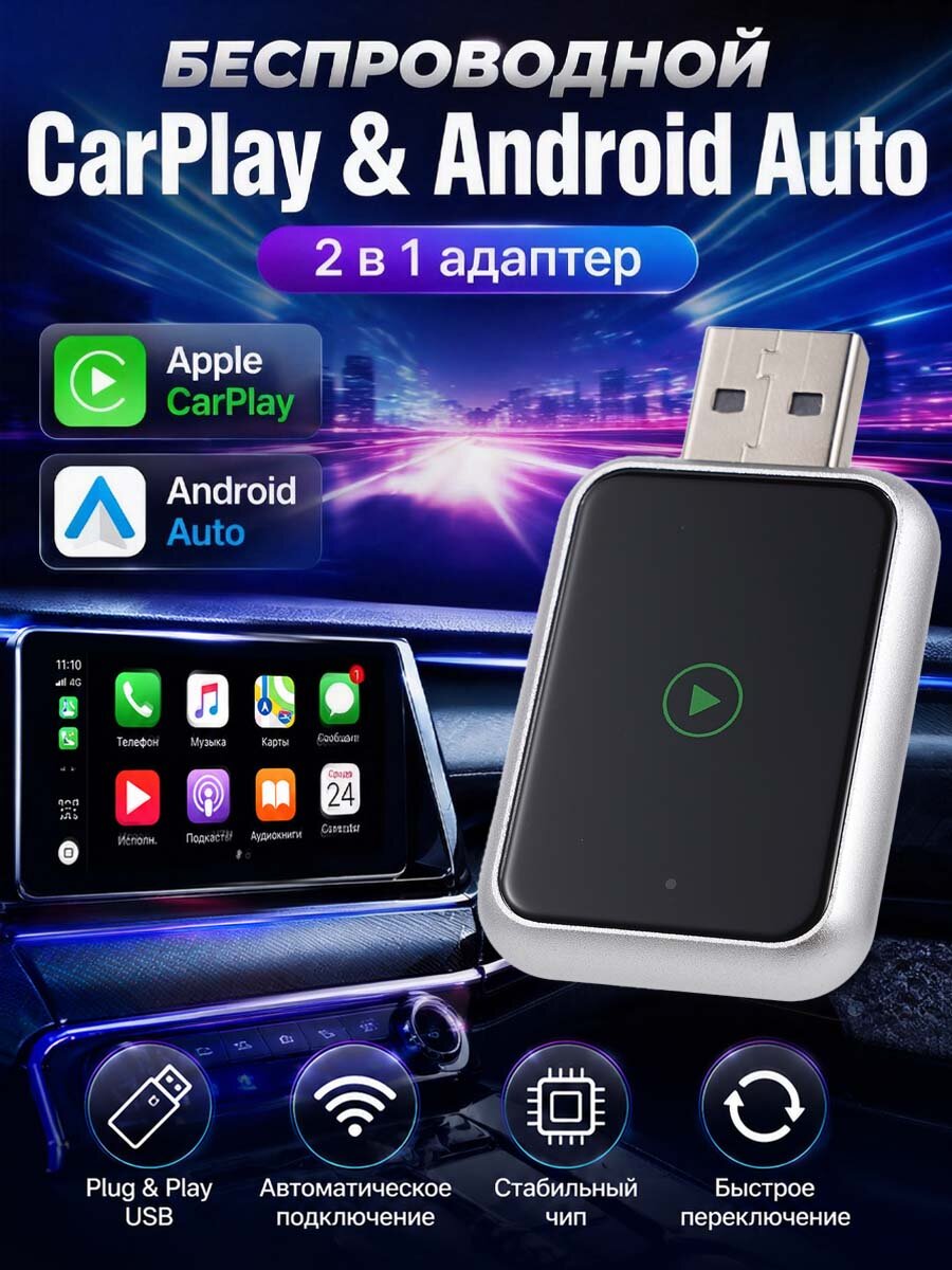 Беспроводной адаптер 2-в-1 для CarPlay и Android Auto, Plug&Play, USB