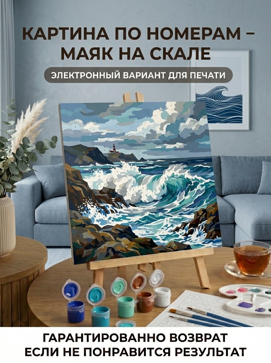 Картина по номерам "Маяк на скале", на холсте, PDF-инструкция
