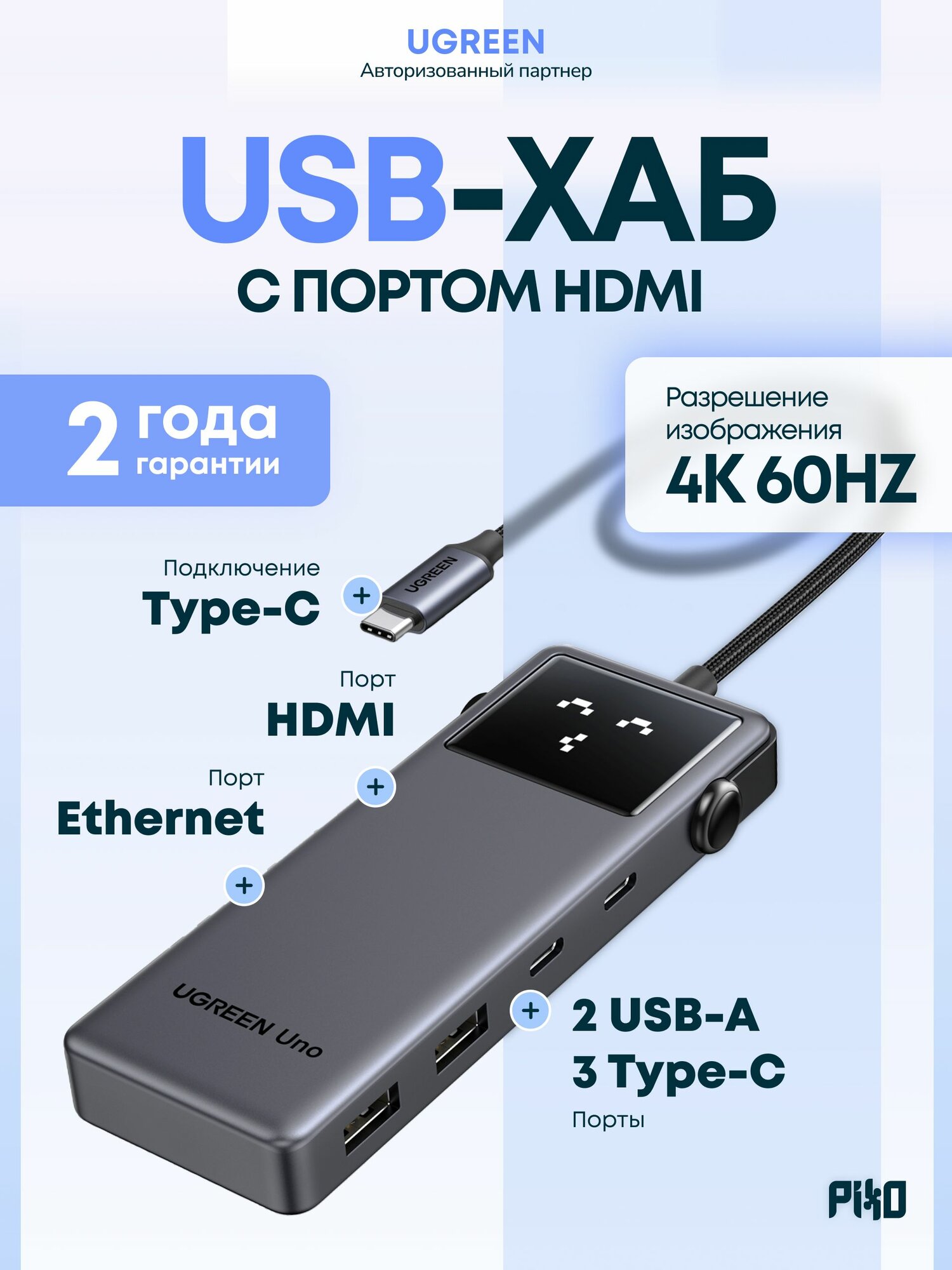 Type-C Hub Ugreen CM888 (45155), адаптер USB-C на HDMI 4K 60Hz + Ethernet + 3 x USB-A + USB-C + USB-C (PD 100W) , с глазами робота