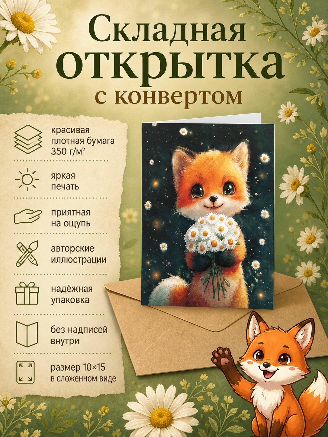"Лисёнок с ромашками", яркая открытка с крафтовым конвертом, дизайнерская бумага, 10x15 см, складная подарочная без надписей, для 8 марта, 14 февраля и на свадьбу