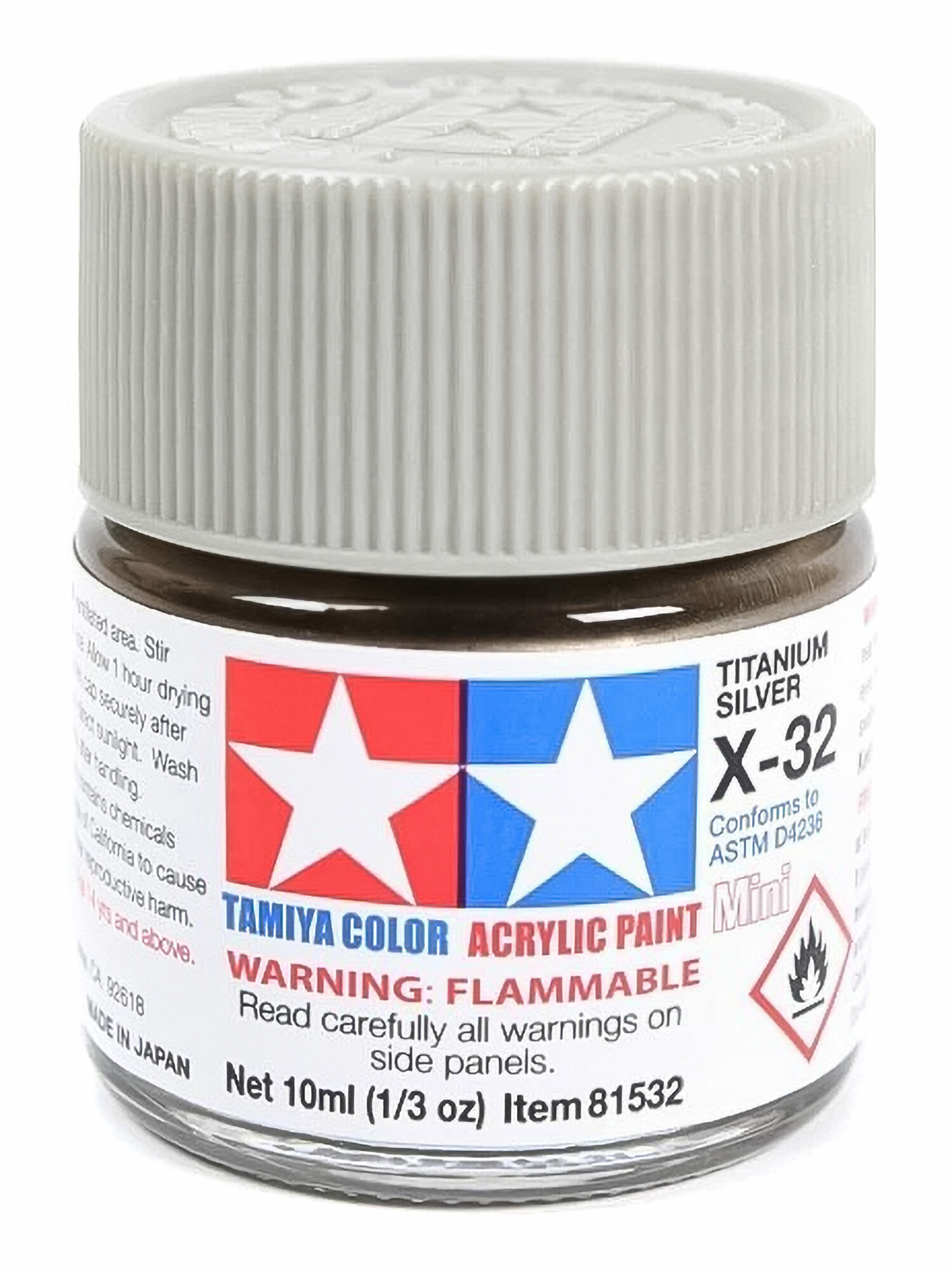 Краска акриловая Tamiya Color X-32 Titanium Silver 81532 глянцевый металлик, 10 мл