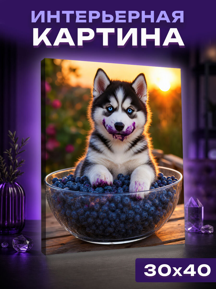 Интерьерная картина Щенок хаски в чернике
