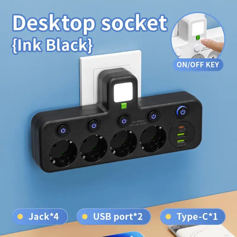 Тройник-разветвитель для розетки с 3 евророзетками, 2 USB, Type-C и ночником, 2500W