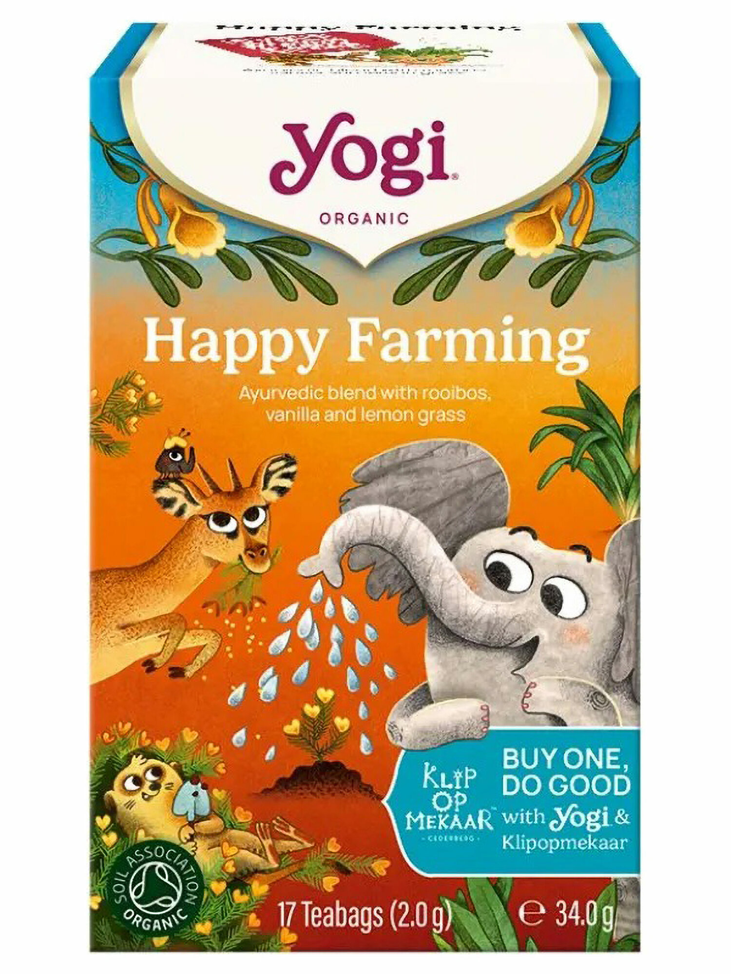 Чай в пакетиках Yogi Tea Happy Farming, Ройбуш, Ваниль и Лемонграсс, 17 пакетиков