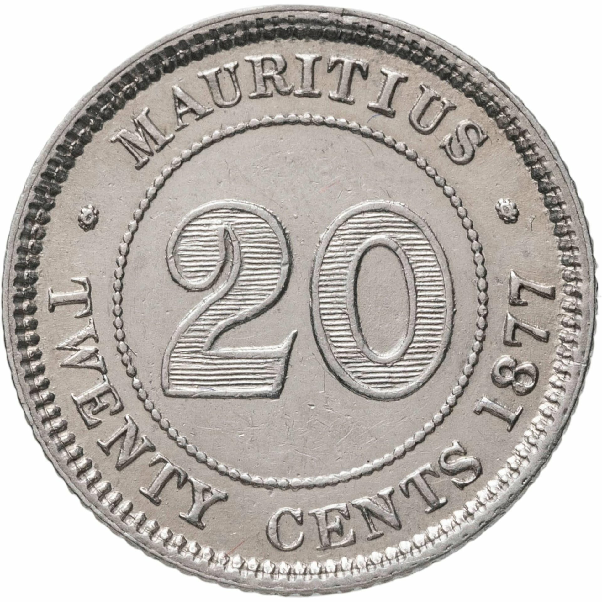Маврикий 20 центов cents 1877, Серебро 800, в сохранности AU
