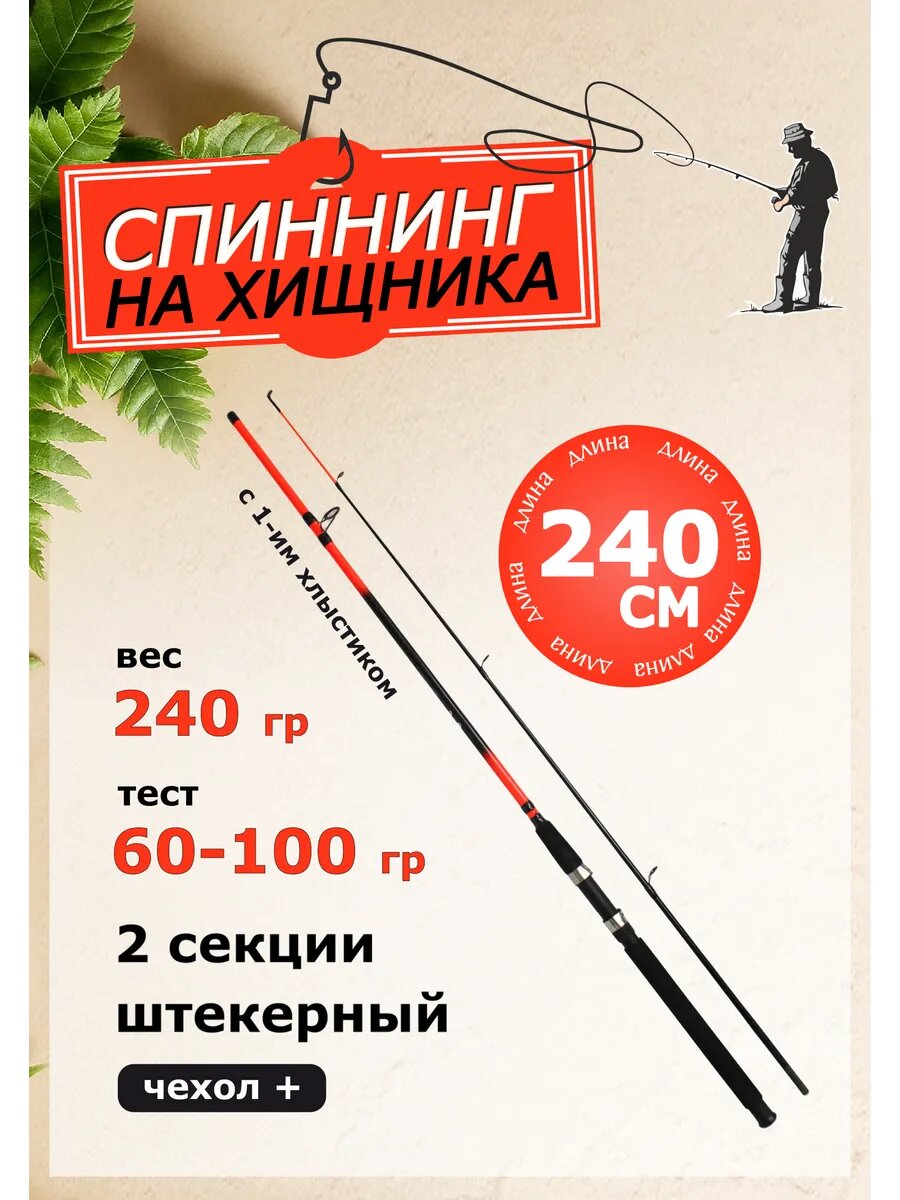 Спиннинг на хищника 240 см штекерный, тест 60-100 грамм