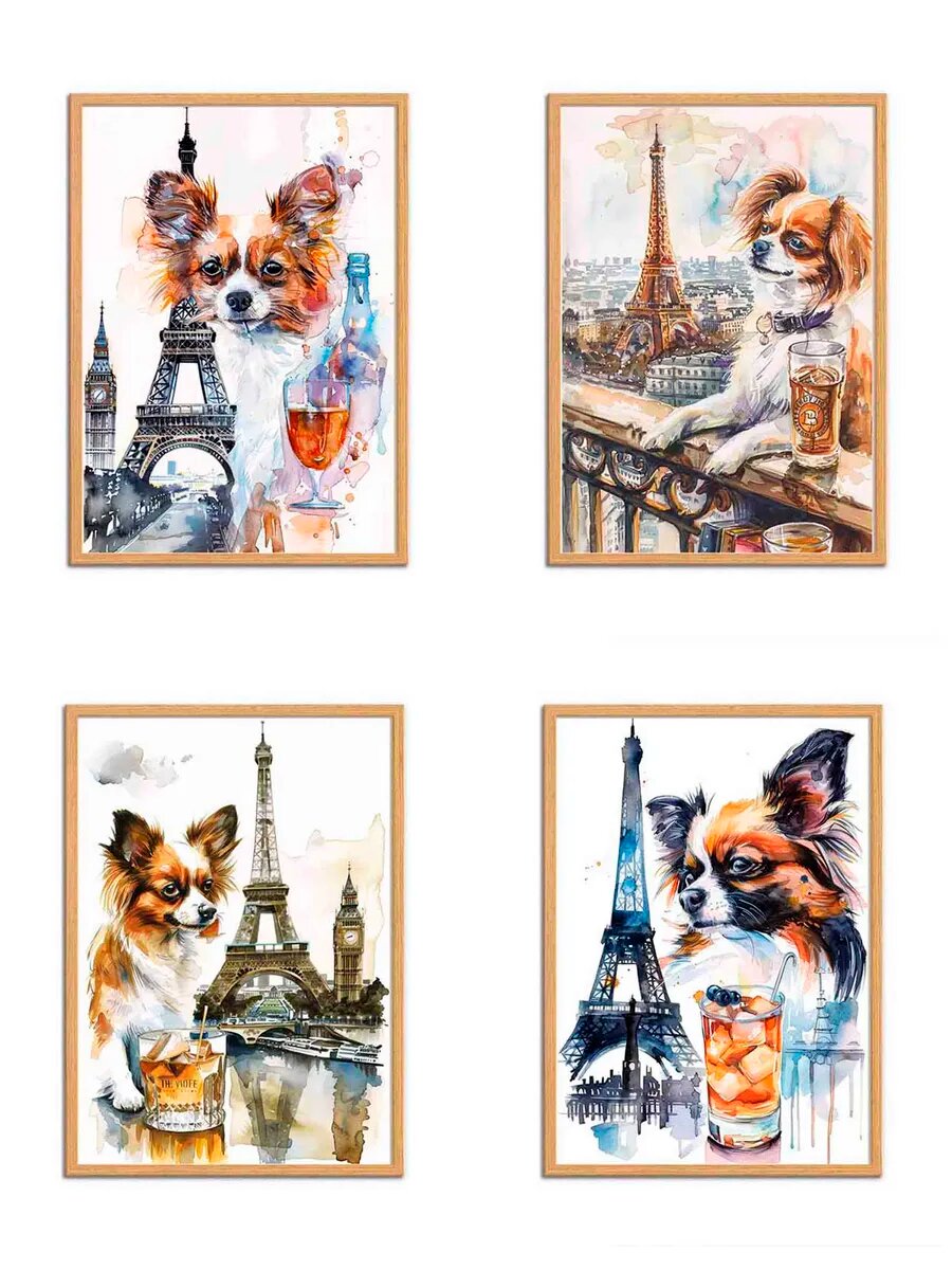 Собака папийон Пьет Виски, 4 Плаката, 30x21см
